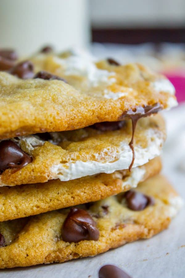 Marshmallow Creme Stuffed Chocolate Chip Cookies - The Food Charlatan